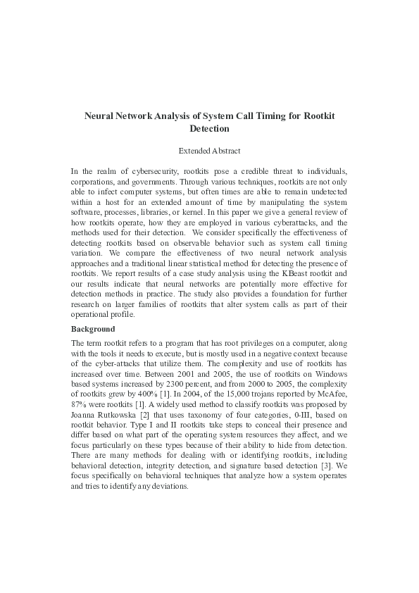 Pdf Neural Network Analysis Of System Call Timing For Rootkit Detection
