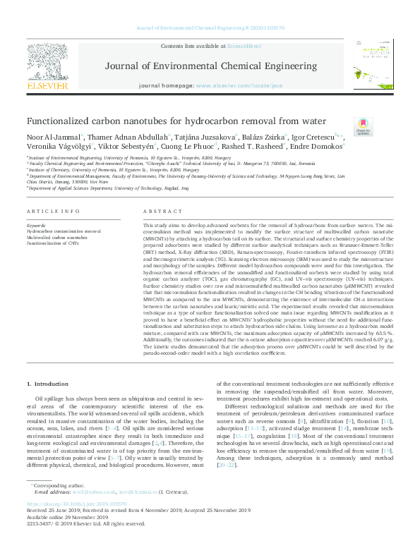 (PDF) Functionalized carbon nanotubes for hydrocarbon removal from water