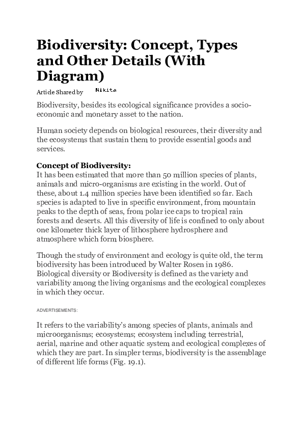 (DOC) Biodiversity: Concept, Types and Other Details (With Diagram