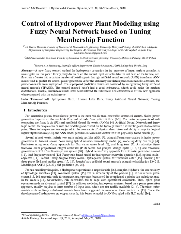 (PDF) Control of Hydropower Plant Modeling using Fuzzy Neural Network based on Tuning Membership ...