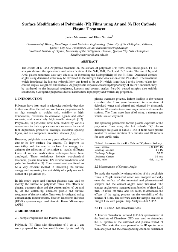 (PDF) Surface Modification of Polyimide (PI) Films using Ar and N 2 Hot ...