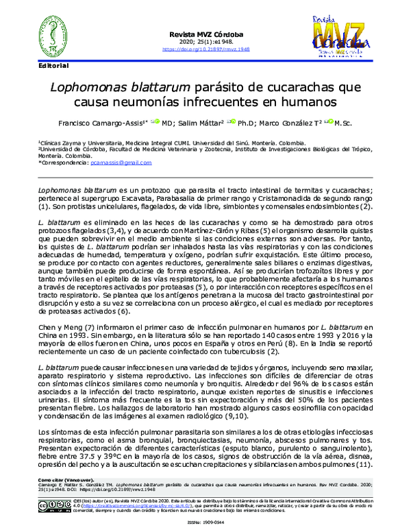 (PDF) Lophomonas blattarum parásito de cucarachas que causa neumonías ...