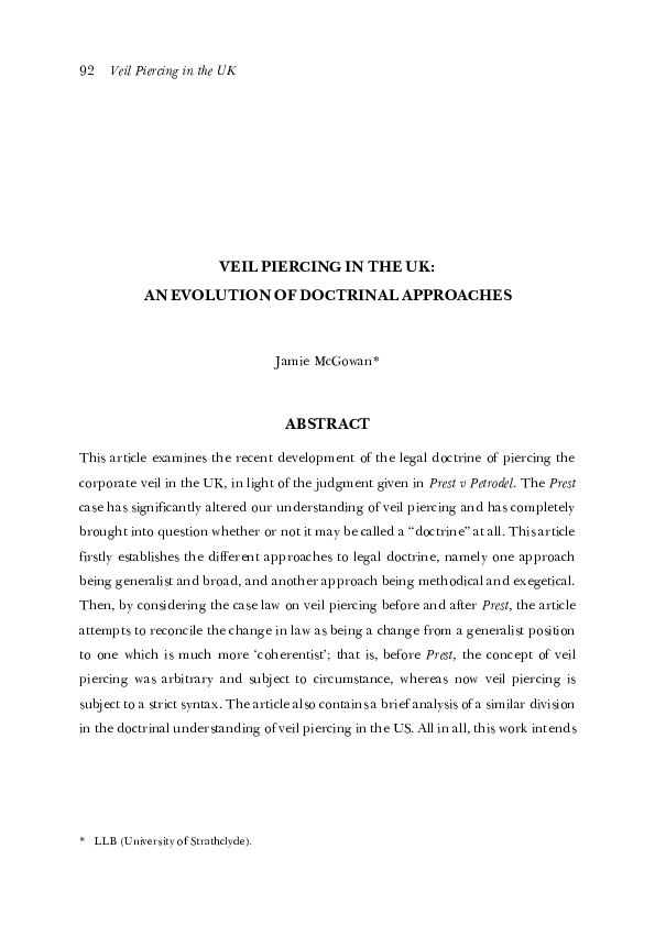 (PDF) Veil Piercing in the UK: An Evolution of Doctrinal Approaches