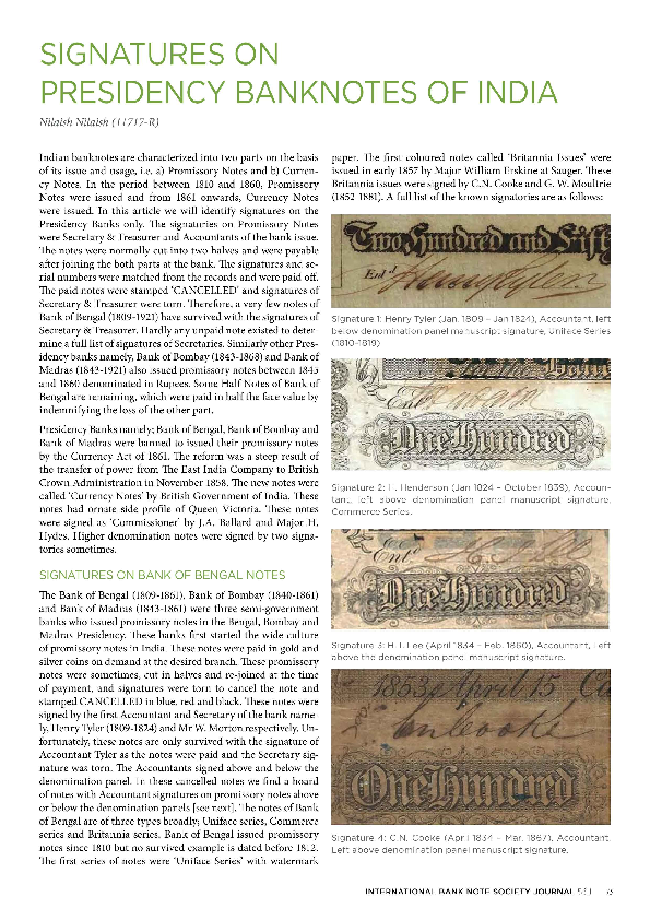 (PDF) Signatures on Presidency Banknotes Notes of India