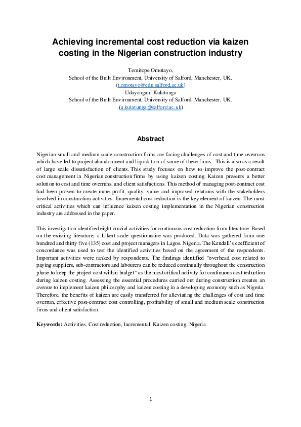 (DOC) Achieving incremental cost reduction via kaizen costing in the ...
