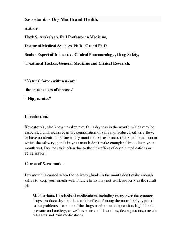 (DOC) Xerostomia -Dry Mouth and Health | Hayk S Arakelyan - Academia.edu