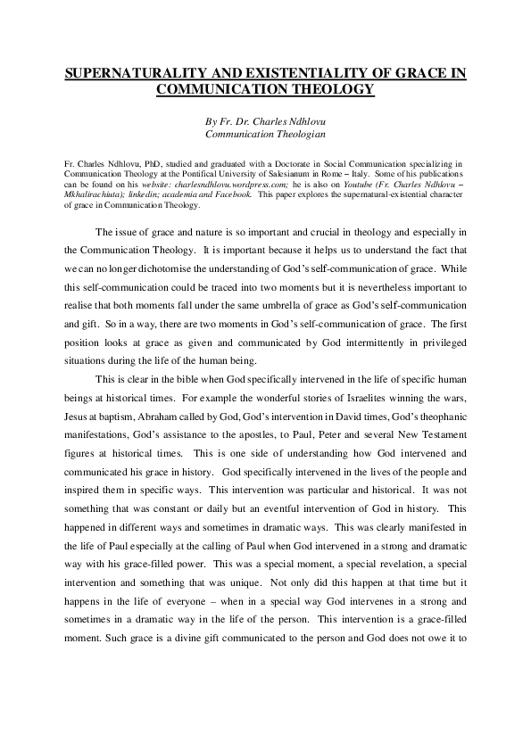 (PDF) SUPERNATURALITY AND EXISTENTIALITY OF GRACE IN COMMUNICATION THEOLOGY