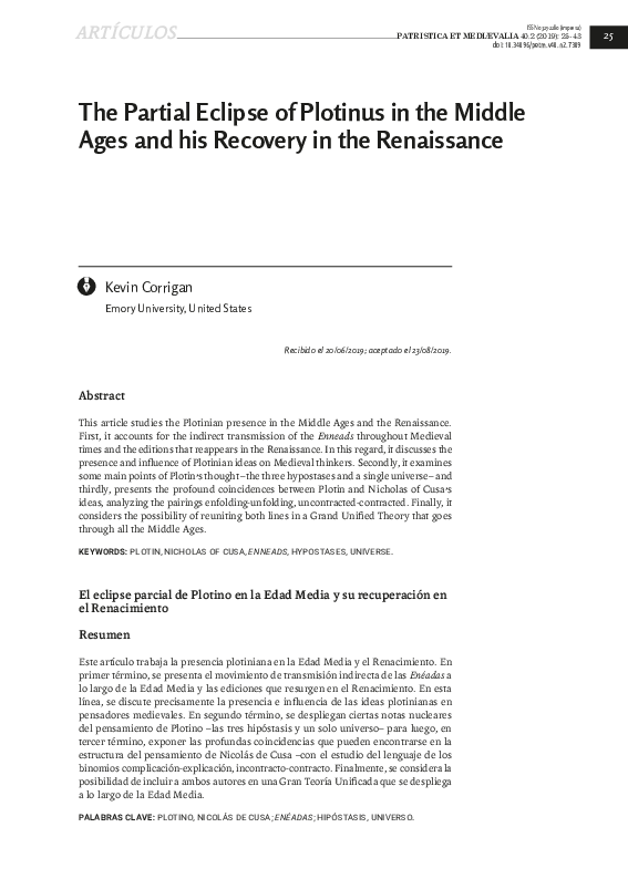 (PDF) The Partial Eclipse of Plotinus in the Middle Ages and his ...