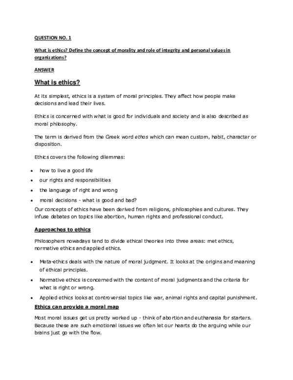(DOC) QUESTION NO. 1 What is ethics? Define the concept of morality and ...