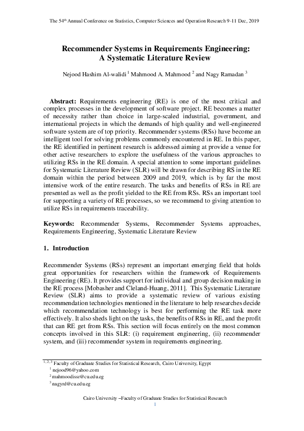 (PDF) Recommender Systems in Requirements Engineering: A Systematic Literature Review