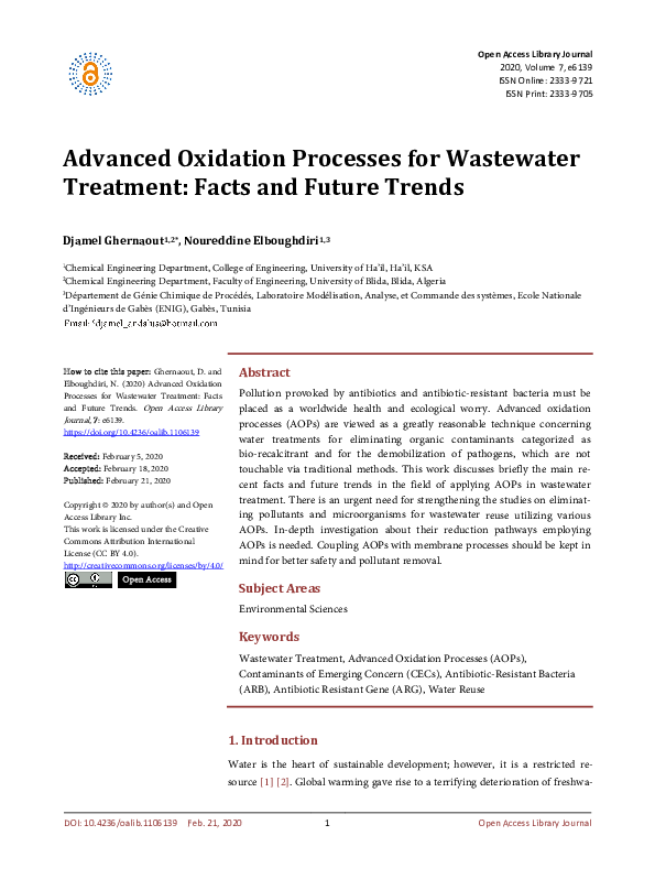 (PDF) Advanced Oxidation Processes for Wastewater Treatment: Facts and Future Trends