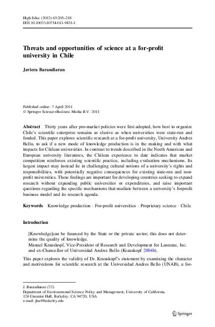 (PDF) Threats and opportunities of science at a for-profit university ...