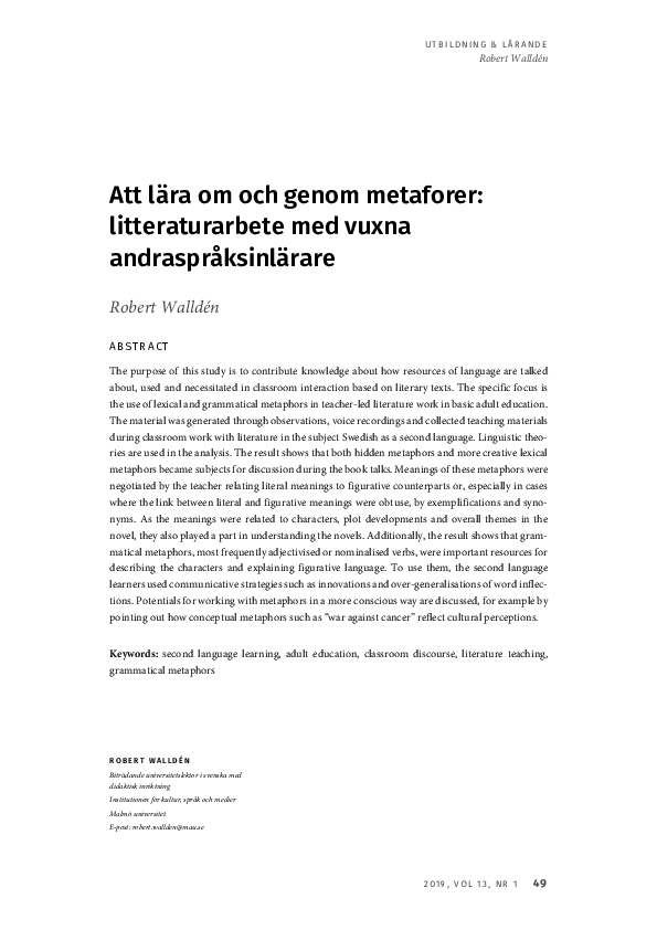 (PDF) Att lära om och genom metaforer: litteraturarbete med vuxna andraspråksinlärare