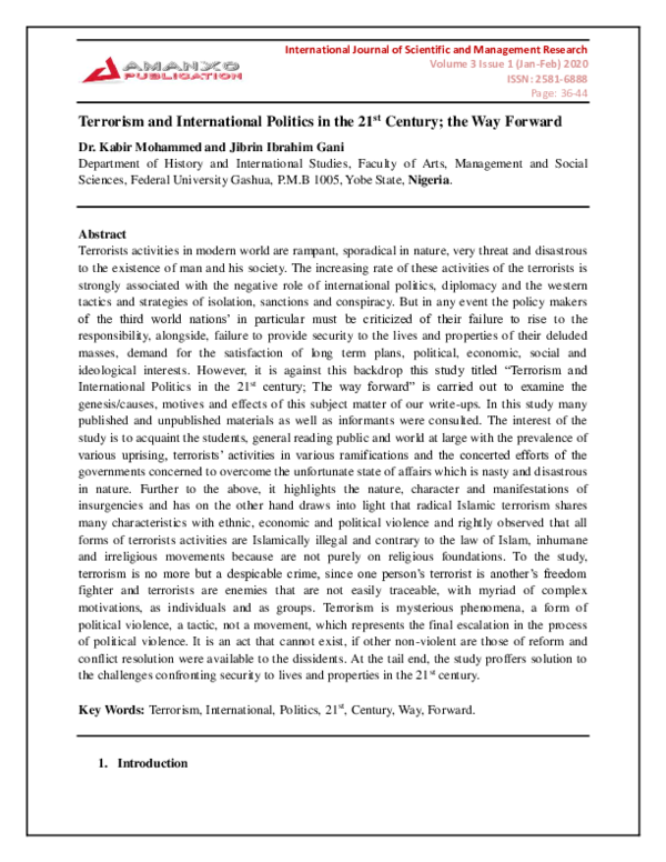 (PDF) Terrorism and International Politics in the 21 st Century; the ...