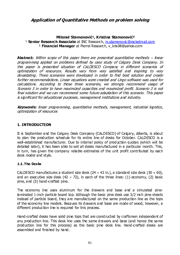 (PDF) Application of Quantitative Methods on problem solving