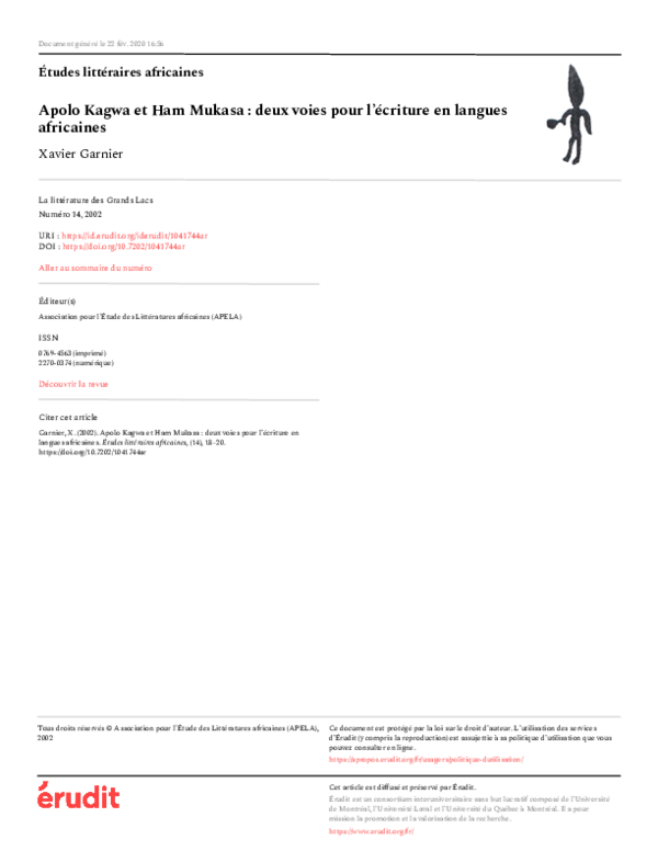 (PDF) Apolo Kagwa et Ham Mukasa: deux voies pour l'écriture en langues ...