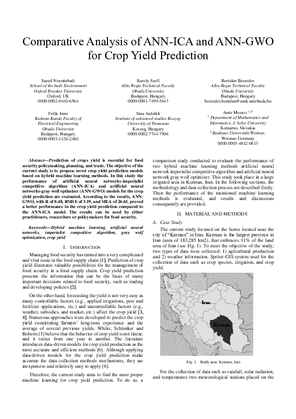(PDF) Comparative Analysis of ANN ICA and ANN GWO for Crop Yield Prediction (PDF) Comparative Analysis of ANN ICA and ANN GWO for Crop Yield Prediction