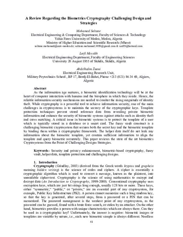 (PDF) A Review Regarding the Biometrics Cryptography Challenging Design ...