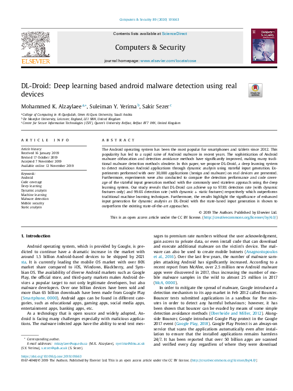 Pdf Dl Droid Deep Learning Based Android Malware Detection Using Real Devices Mohammed 1012