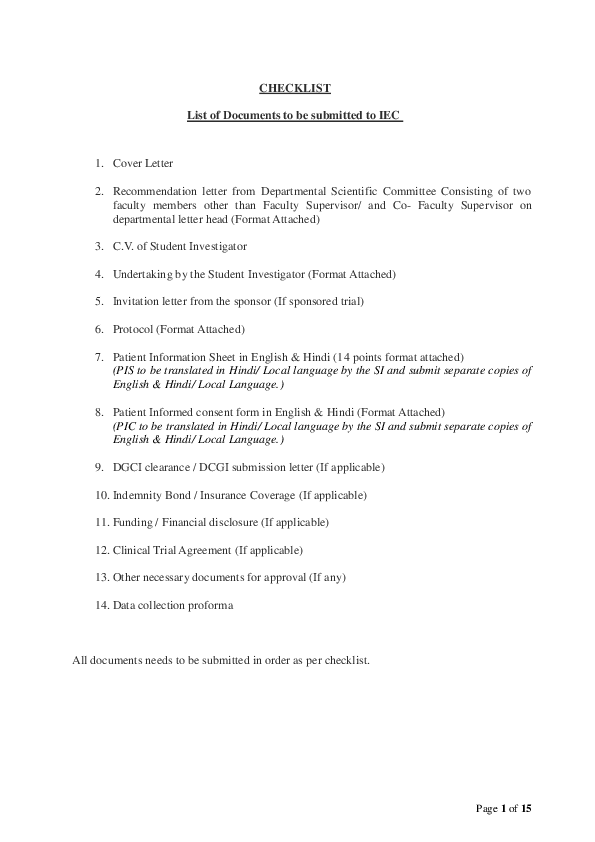 (DOC) CHECKLIST List of Documents to be submitted to IEC