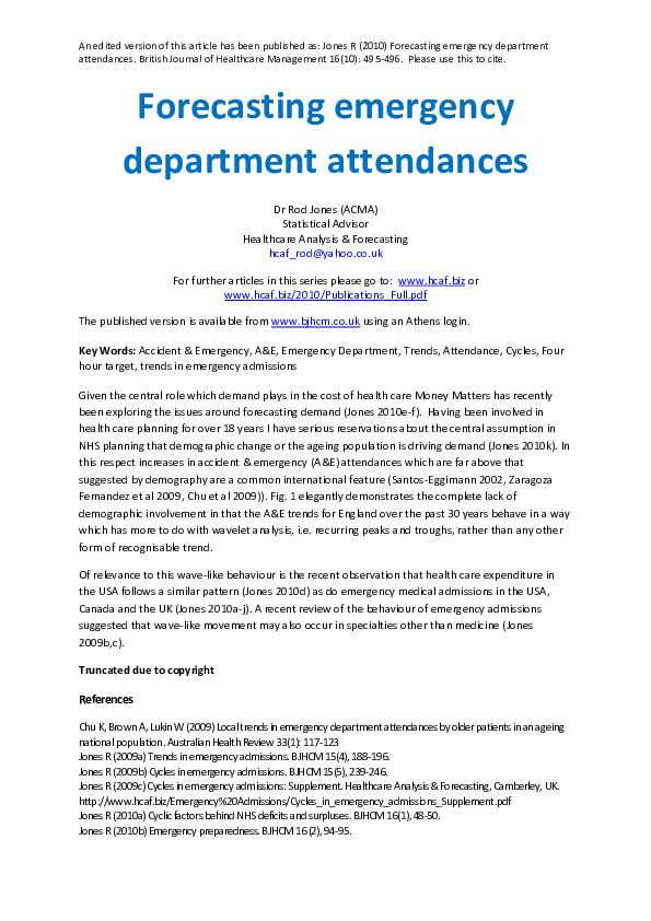 (PDF) Forecasting emergency department attendances