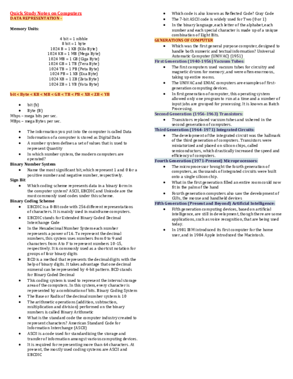 (DOC) Quick Study Notes on Computers