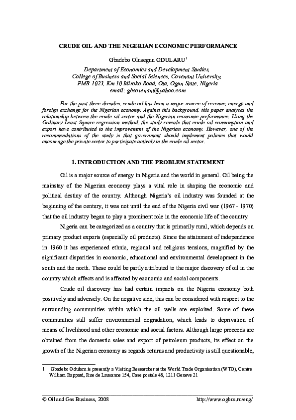 (PDF) CRUDE OIL AND THE NIGERIAN ECONOMIC PERFORMANCE | MUSTAPHA NASIR ...