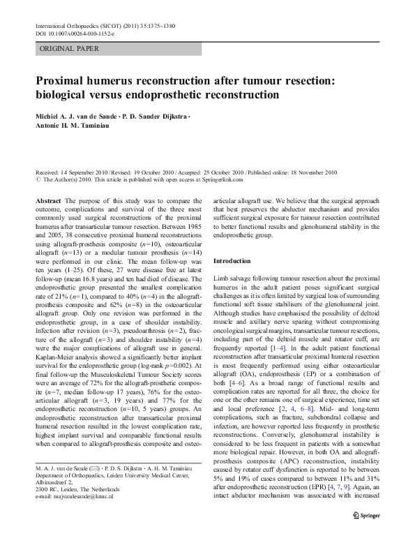 (PDF) Proximal humerus reconstruction after tumour resection: biological versus endoprosthetic ...