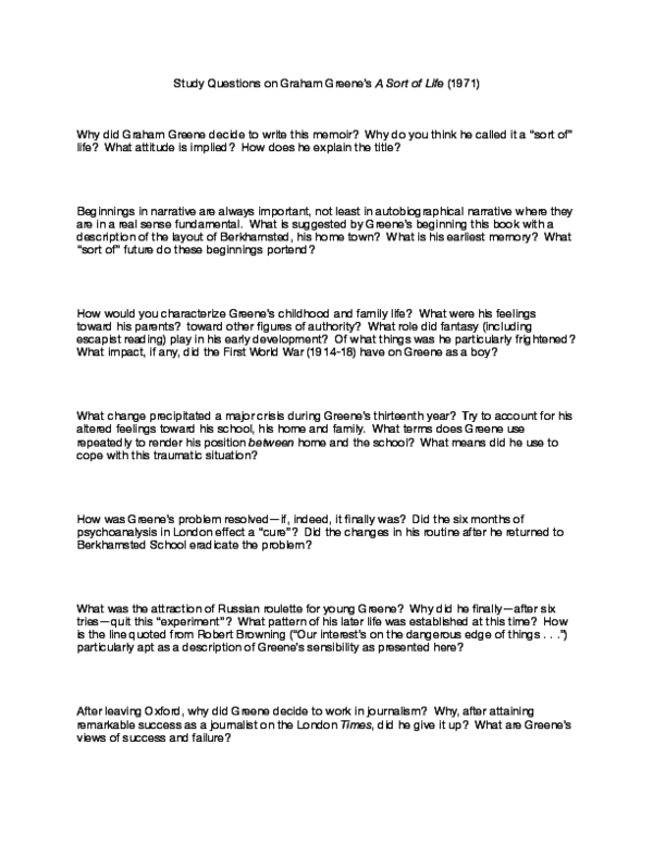 (PDF) Study Questions on Graham Greene's A Sort of Life (1971