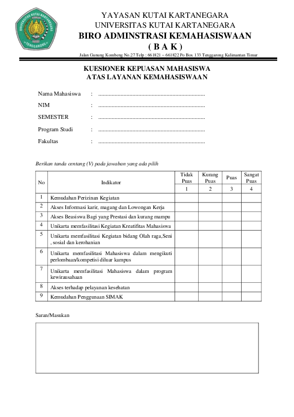 (PDF) Contoh Kuesioner Kepuasan Layanan Kemahasiswaan