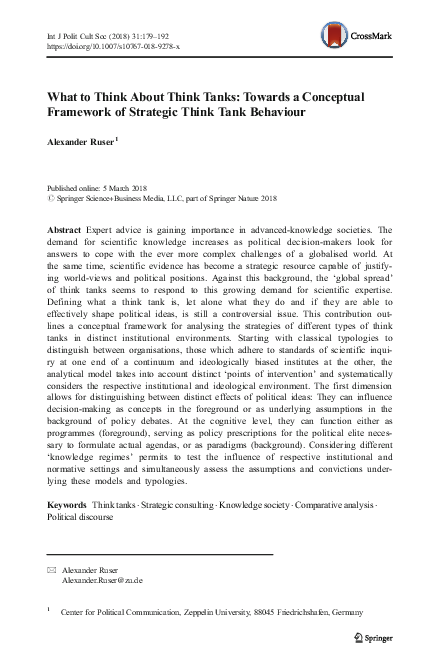 (PDF) What to Think About Think Tanks: Towards a Conceptual Framework ...
