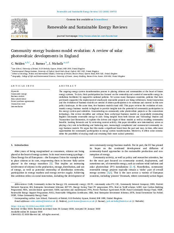 (PDF) Community energy business model evolution: A review of solar ...