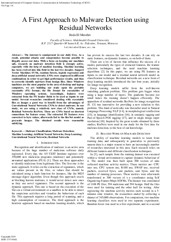 (PDF) A First Approach to Malware Detection using Residual Networks