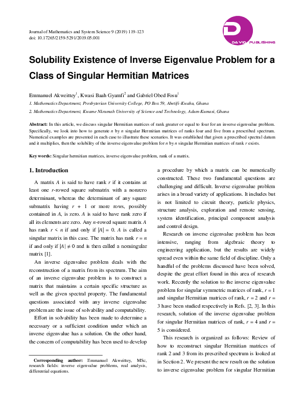 (PDF) Solubility Existence of Inverse Eigenvalue Problem for a Class of Singular Hermitian Matrices