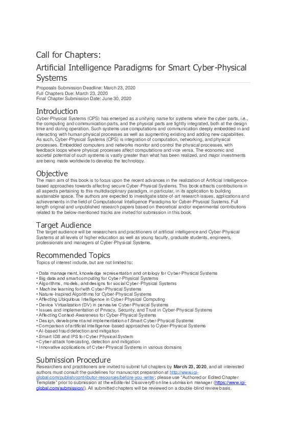 (PDF) Call for Chapters: Artificial Intelligence Paradigms for Smart Cyber-Physical Systems