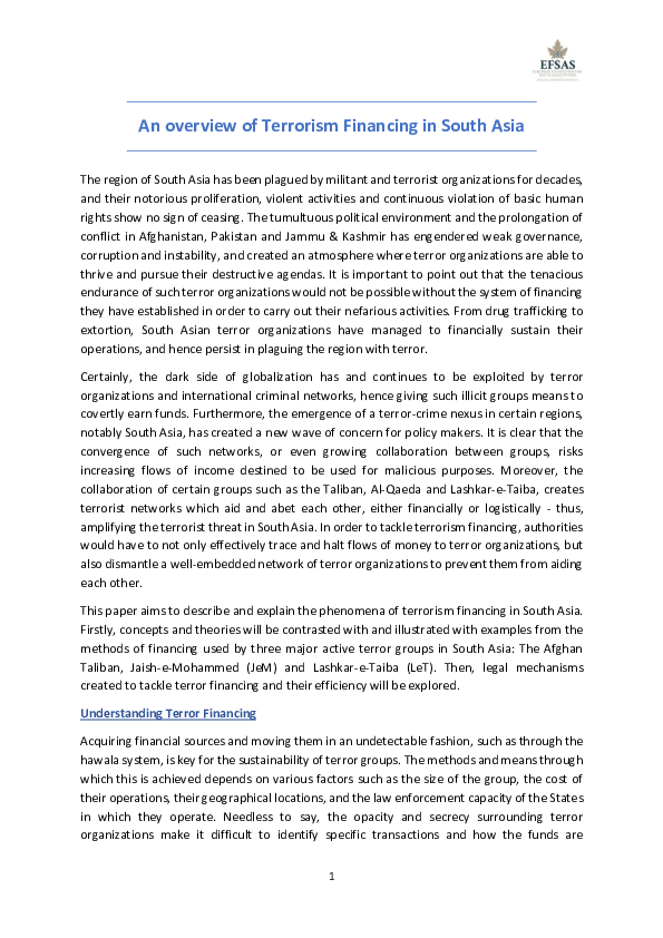(PDF) An overview of Terrorism Financing in South Asia
