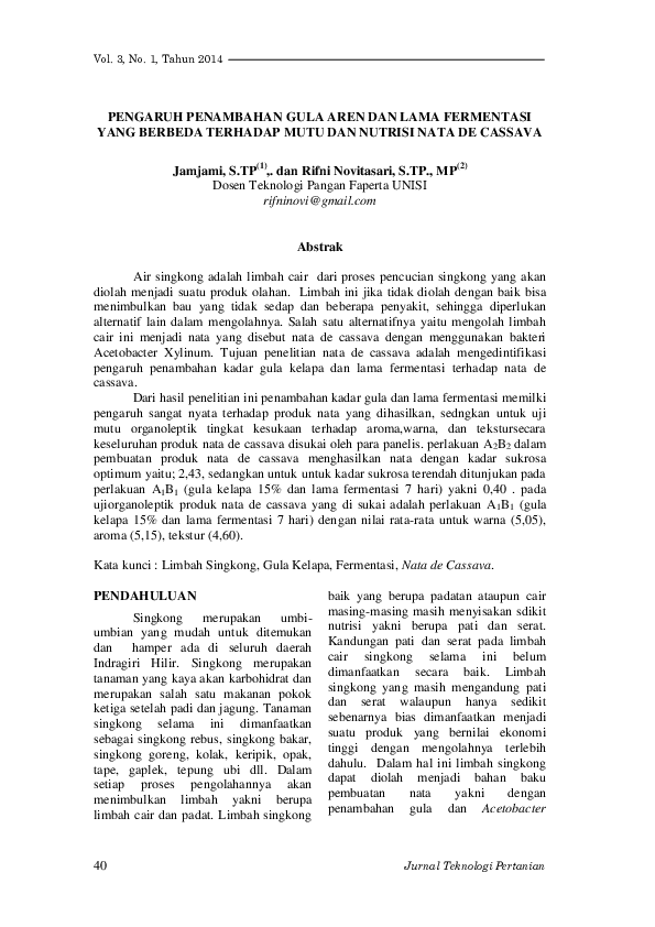 (PDF) PENGARUH PENAMBAHAN GULA AREN DAN LAMA FERMENTASI YANG BERBEDA TERHADAP MUTU DAN NUTRISI ...