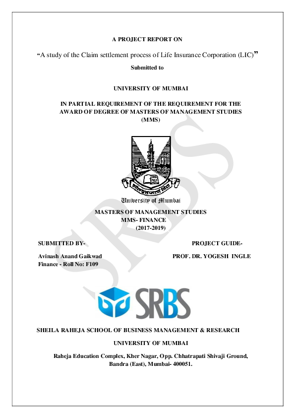 (DOC) A PROJECT REPORT ON "A study of the Claim settlement process of ...