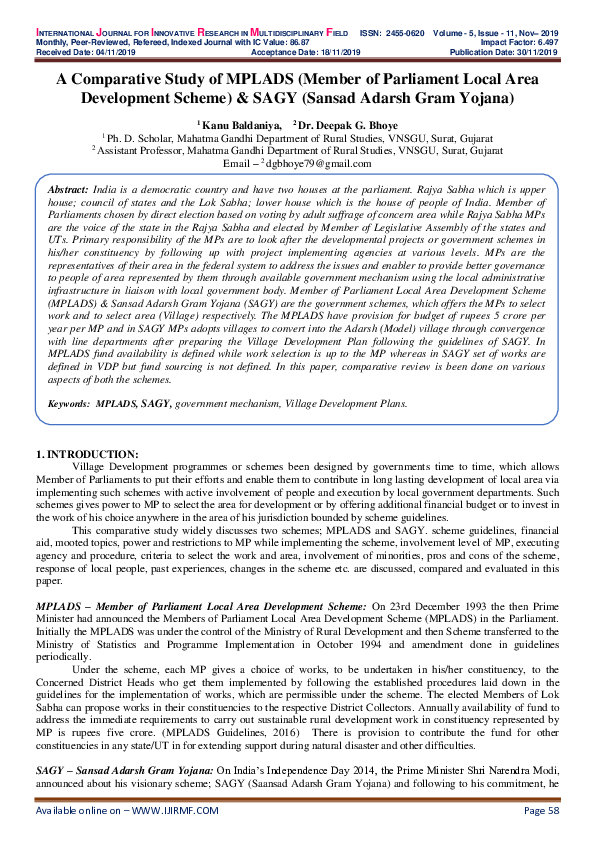 (PDF) A Comparative Study of MPLADS (Member of Parliament Local Area ...