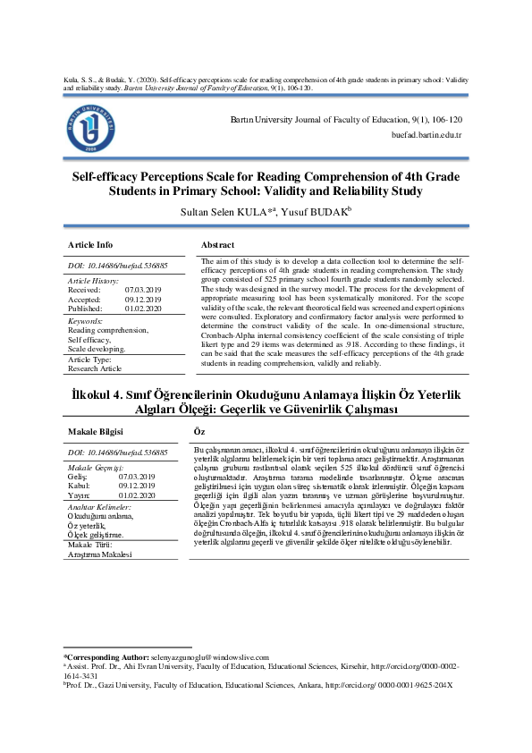 (PDF) Self-efficacy Perceptions Scale for Reading Comprehension of 4th ...