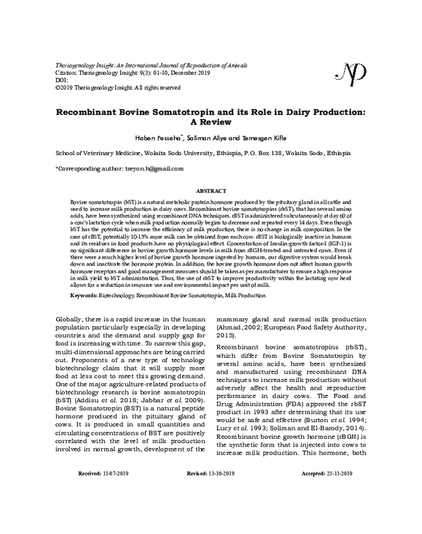 Recombinant Bovine Somatotropin And Its Role In Dairy Production A Review