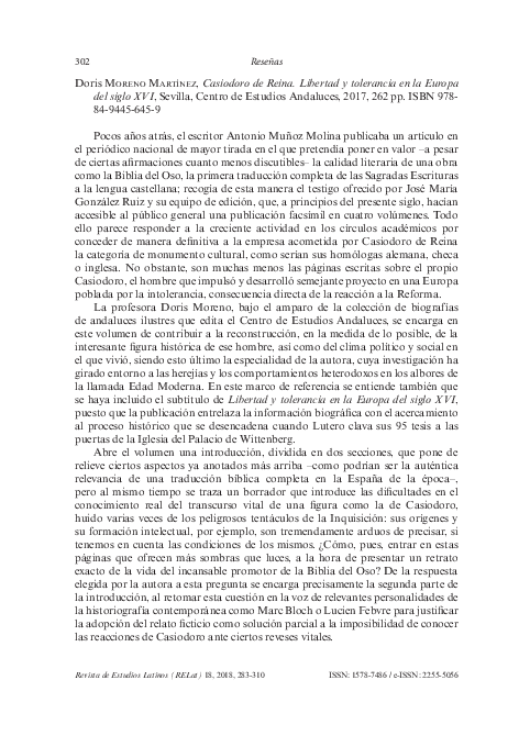(PDF) Review "Doris Moreno Martínez, Casiodoro de Reina. Libertad y ...