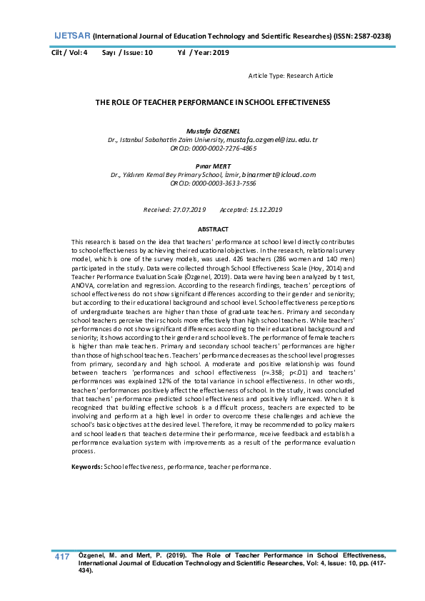 (PDF) The Role of Teacher Performance in School Effectiveness