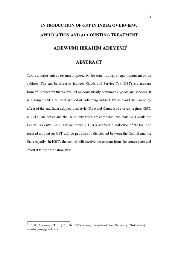 (PDF) INTRODUCTION OF GST IN INDIA: OVERVIEW, APPLICATION AND ...