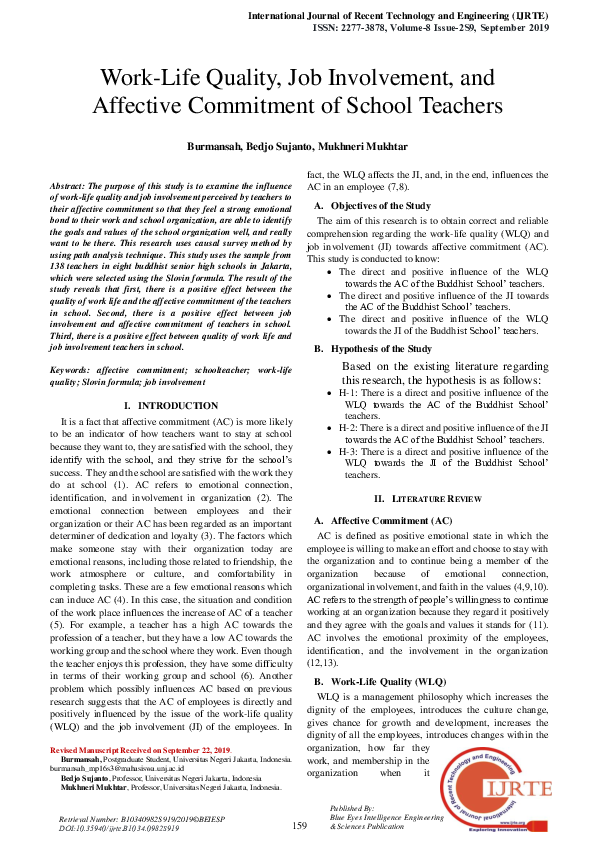 (PDF) Work-Life Quality, Job Involvement, and Affective Commitment of School Teachers