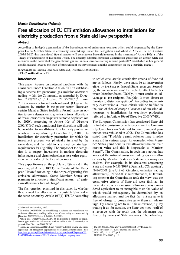(PDF) Free allocation of EU ETS emission allowances to installations ...