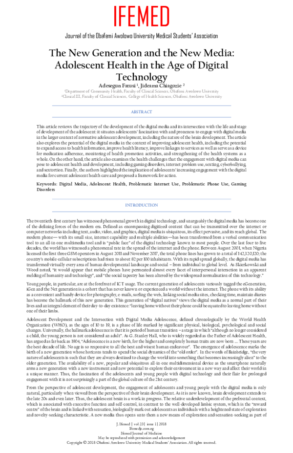 (PDF) The New Generation and the New Media: Adolescent Health in the ...