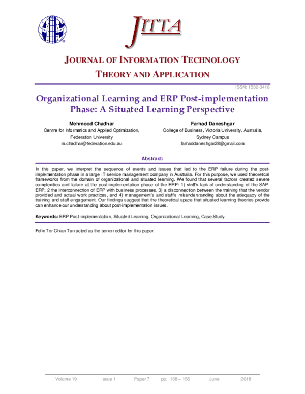 (PDF) JOURNAL OF INFORMATION TECHNOLOGY THEORY AND APPLICATION Organizational Learning and ERP ...