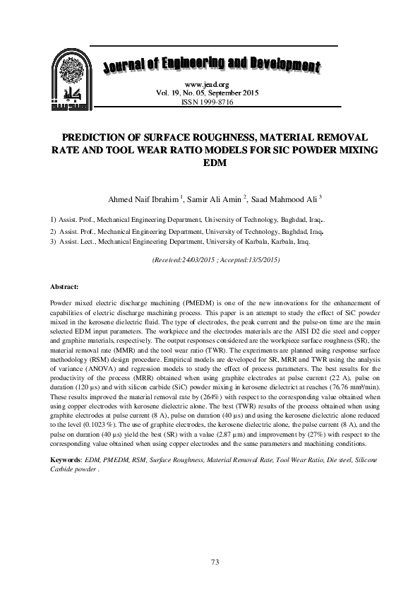 Pdf Prediction Of Surface Roughness Material Removal Rate And Tool Wear Ratio Models For Sic