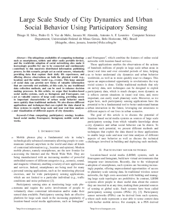 (PDF) Large Scale Study of City Dynamics and Urban Social Behavior Using Participatory Sensing